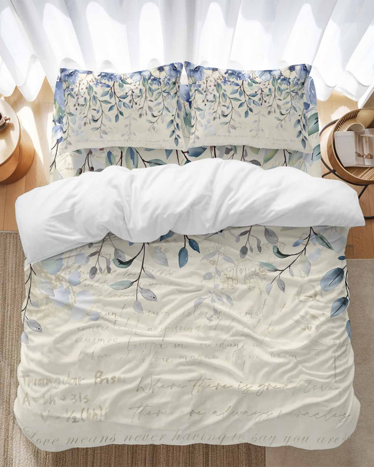 Blue Green Bedding Duvet Cover Set Full Size 4 Pieces Flowers ...