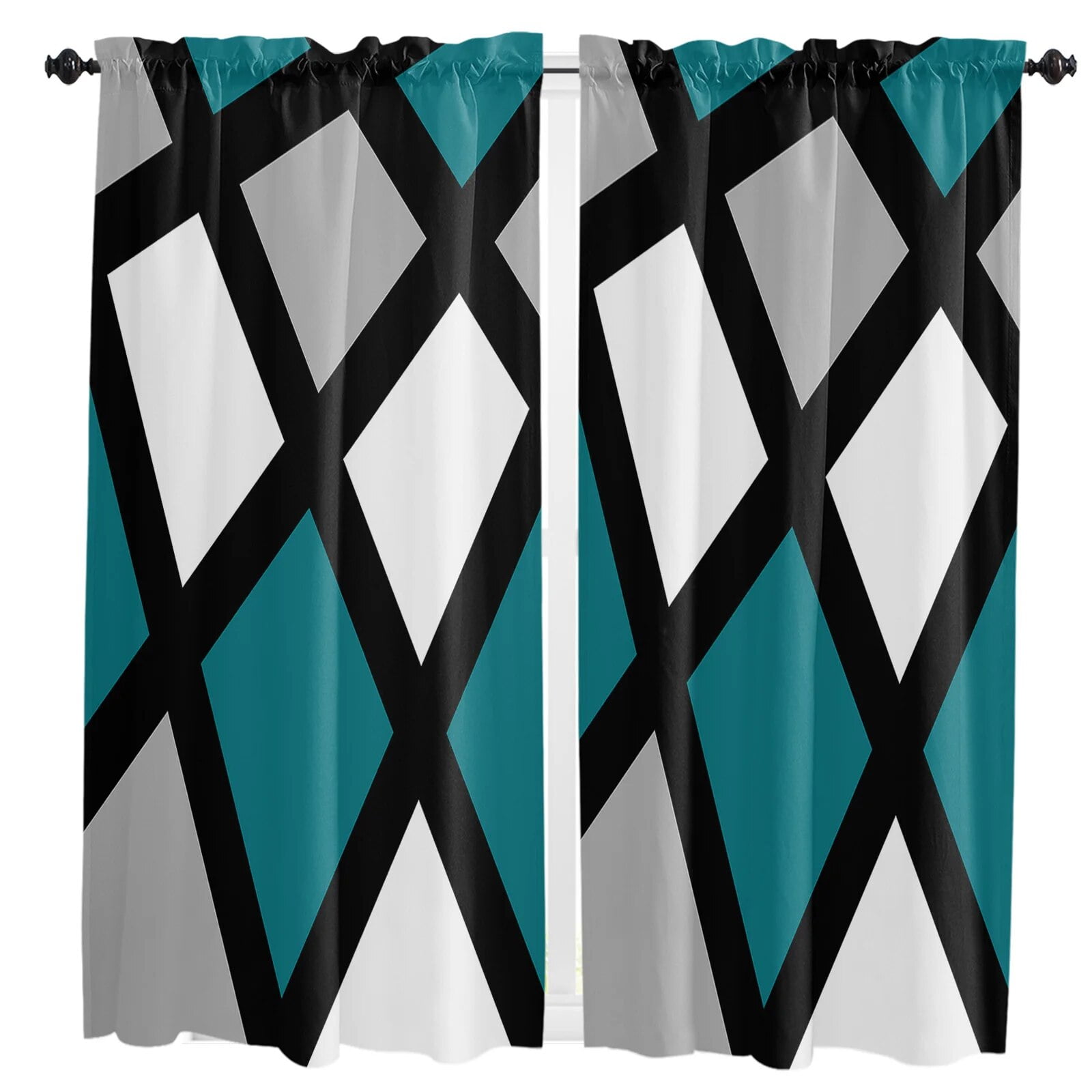 Blue Green Black Grey Geometric Square Curtain Home Decoration Living ...