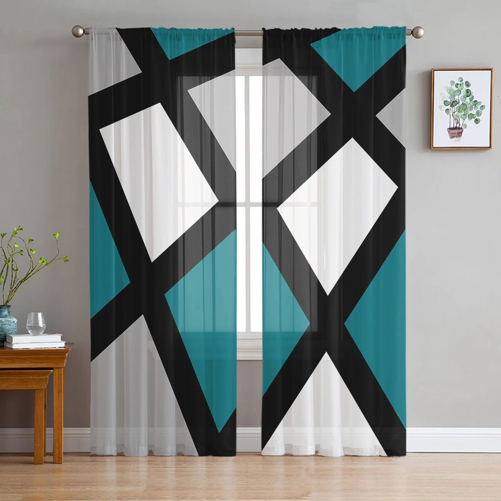 Blue Green Black Grey Geometric Square Sheer Curtains Living Room ...