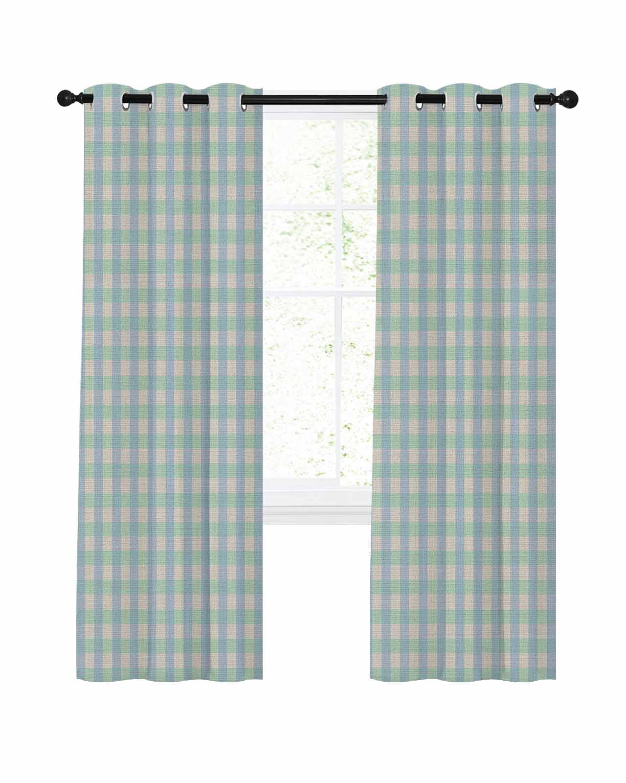 Blue Green Blackout Curtains 54 Inches Long for Bedroom, Grid Checkered ...