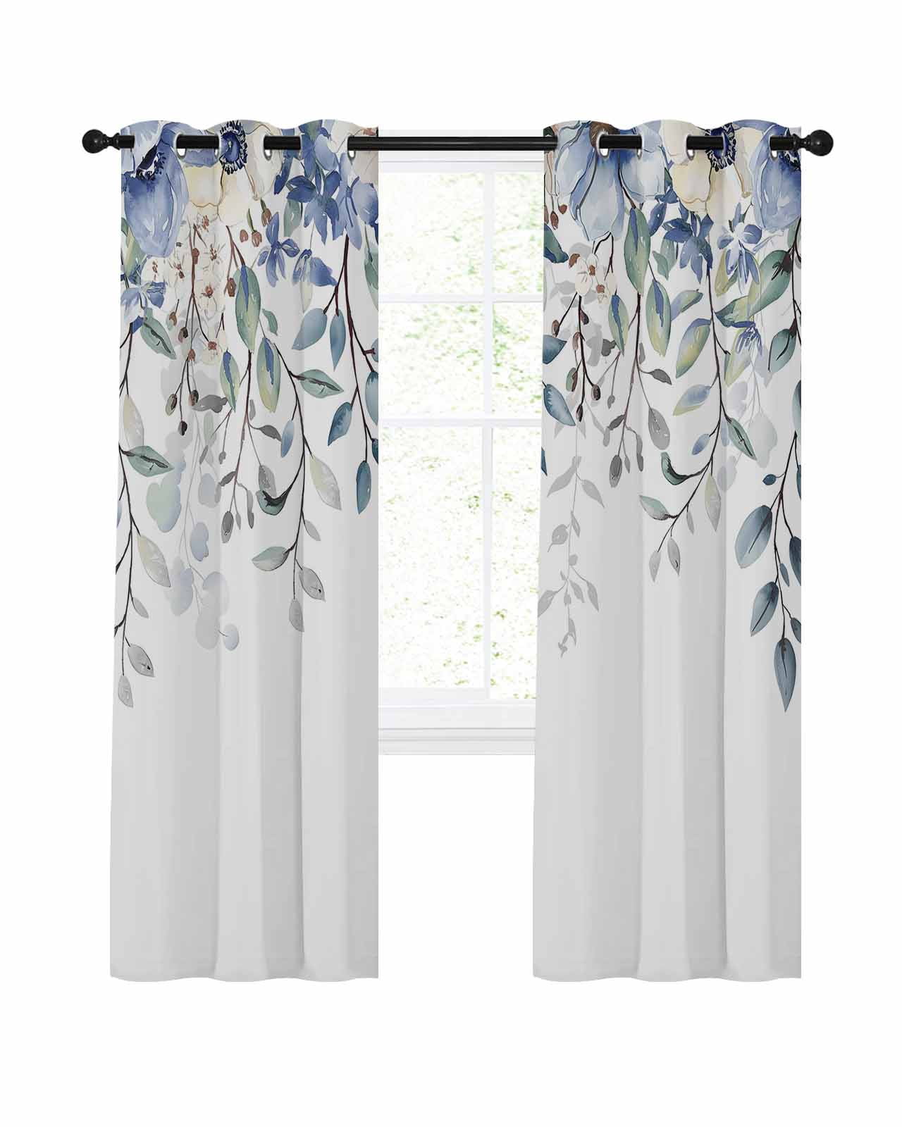 Blue Green Blackout Curtains for Bedroom Living Room Flowers Eucalyptus ...