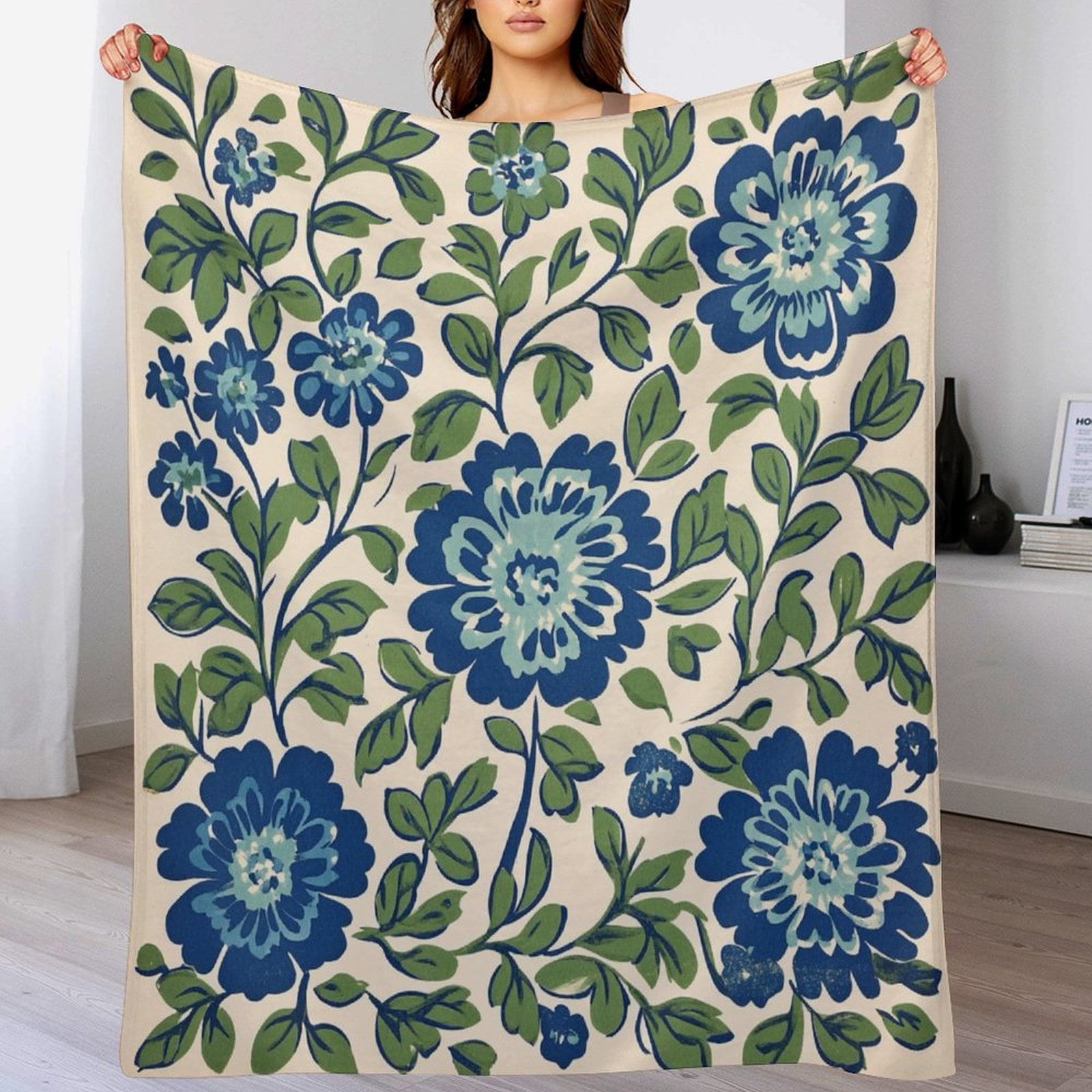Blue And Green Block Floral Throw Blanket for Winter Bedding Couch And ...