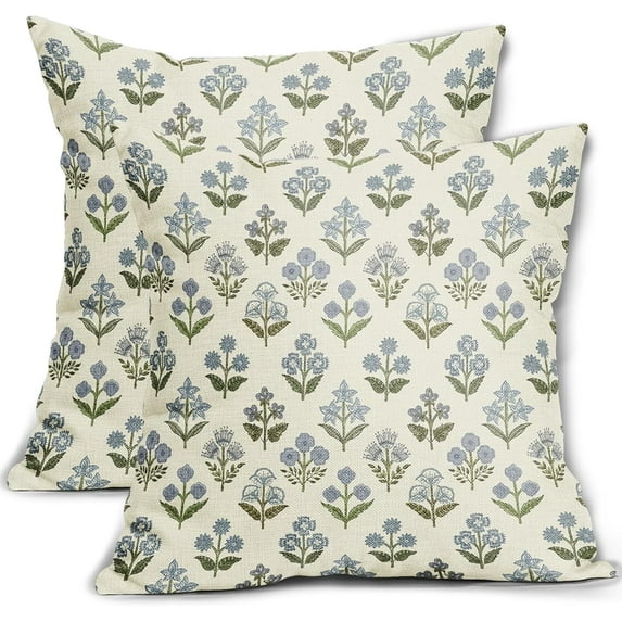 Blue Green Block Print Pillow Covers 18x18 Inch Set of 2, Vintage ...
