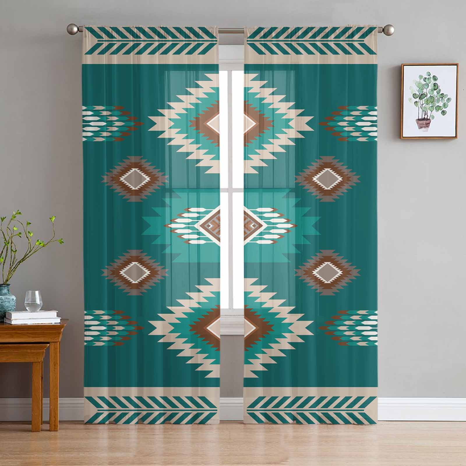 Blue Green Bohemian Style Triangle Tulle Sheer Window Curtains For ...