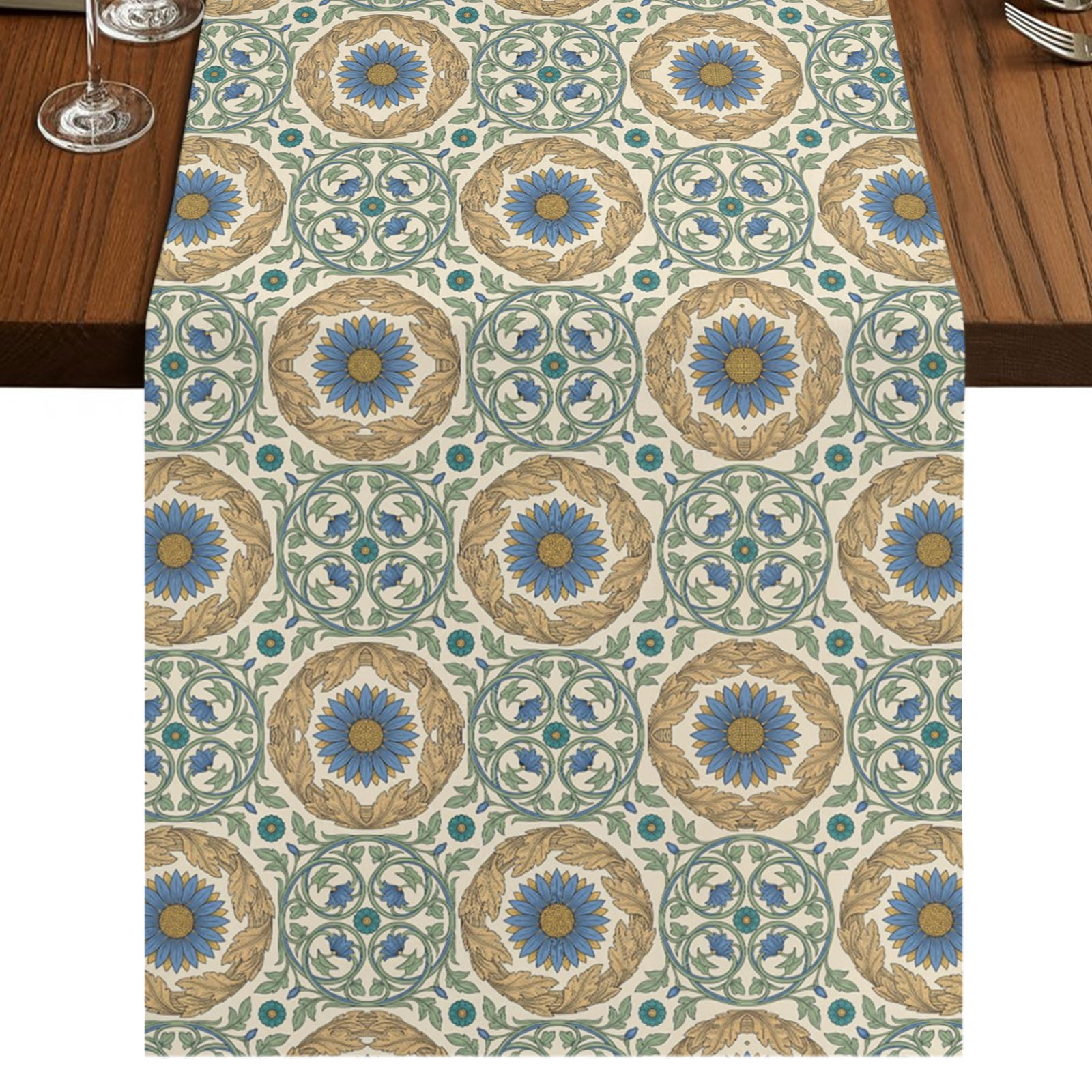 Blue Green Boho Burlap Cotton Table Runner 13x120 Inches Long, Vintage ...