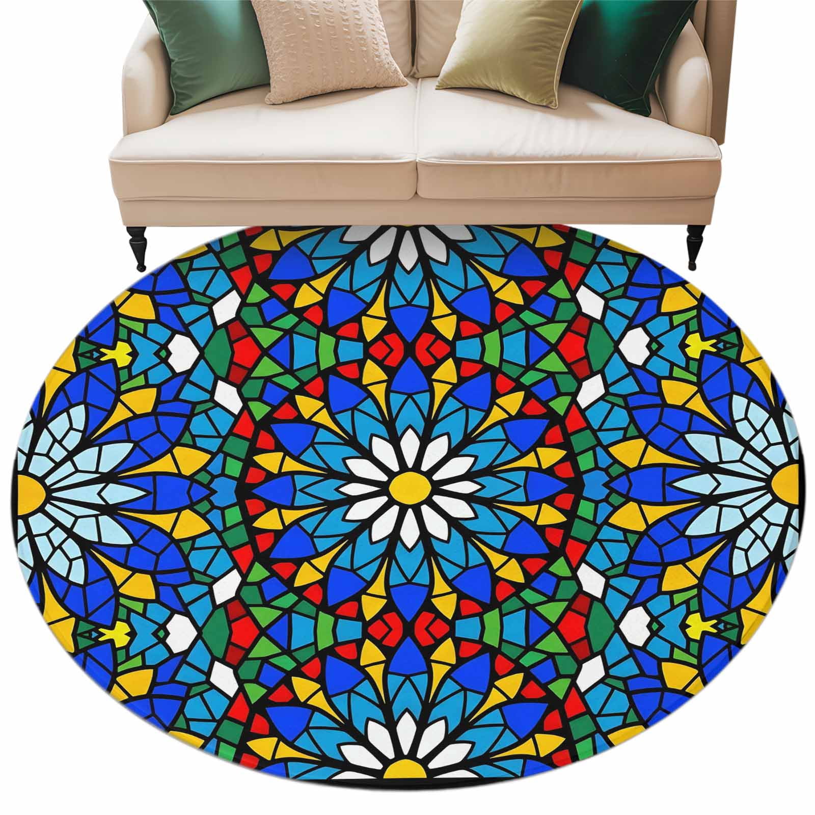 Blue Green Boho Flowers Round Rug 6ft Washable Circle Kitchen Rugs Non ...