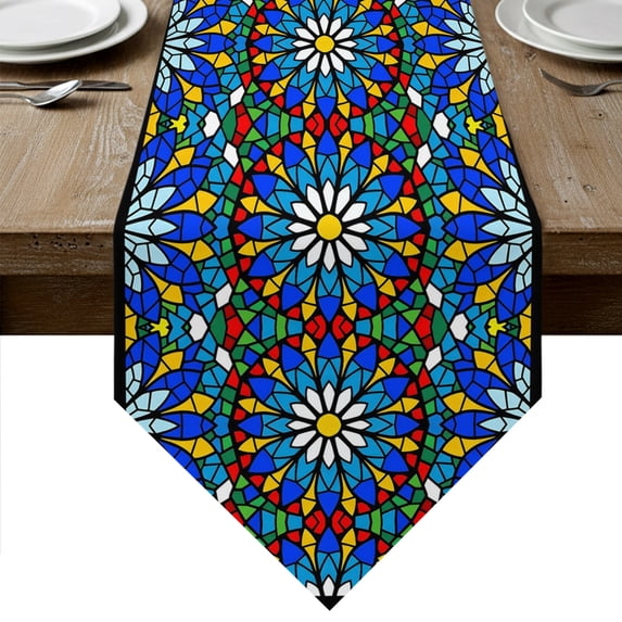 Blue Green Boho Flowers Table Runner Linen Burlap Table Runner 72 ...