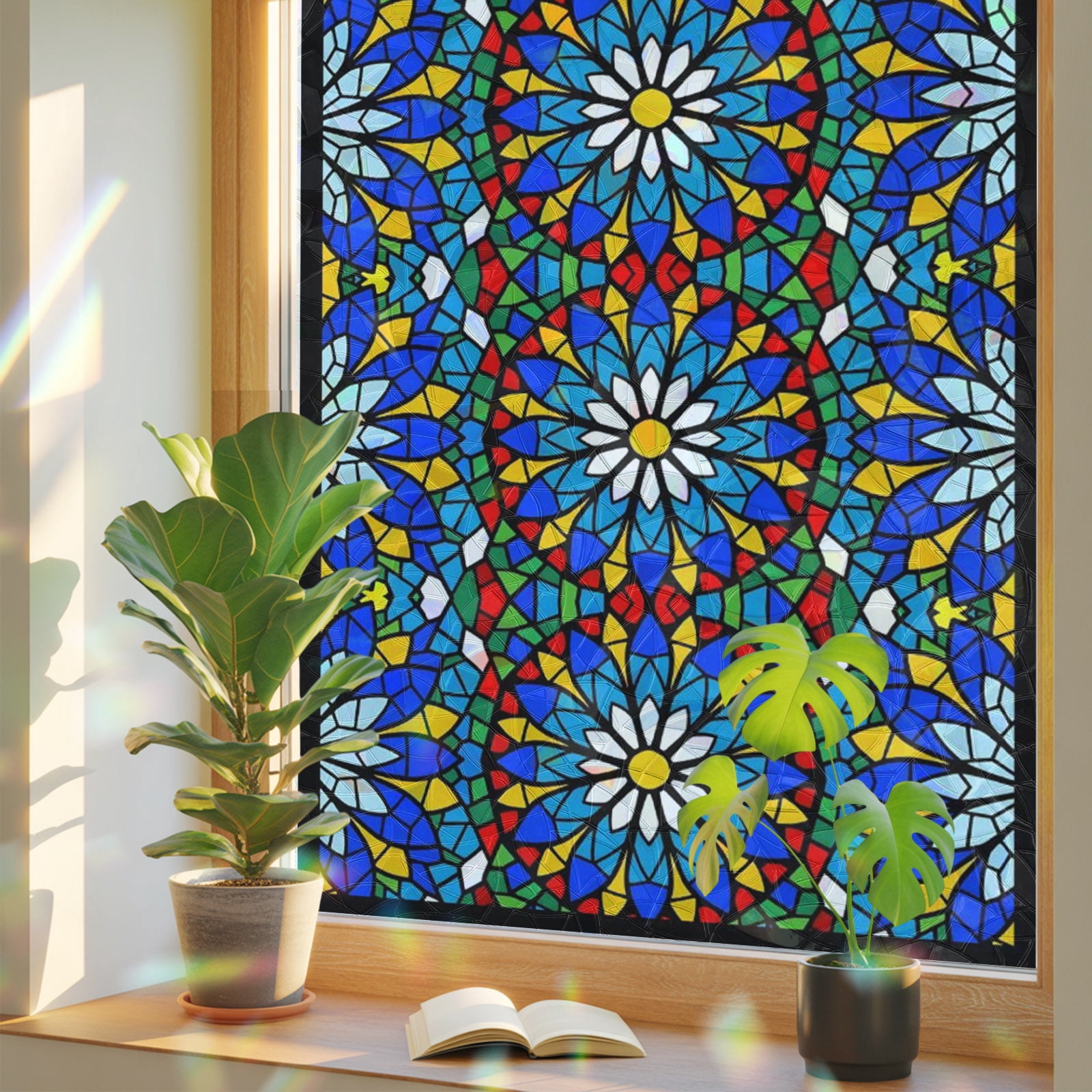 Blue Green Boho Flowers Window Privacy Film Rainbow Static Cling Stain ...