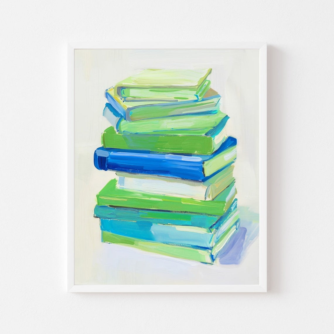 Blue And Green Book Stack Painting Colorful Reading Nook Wall Art Print ...