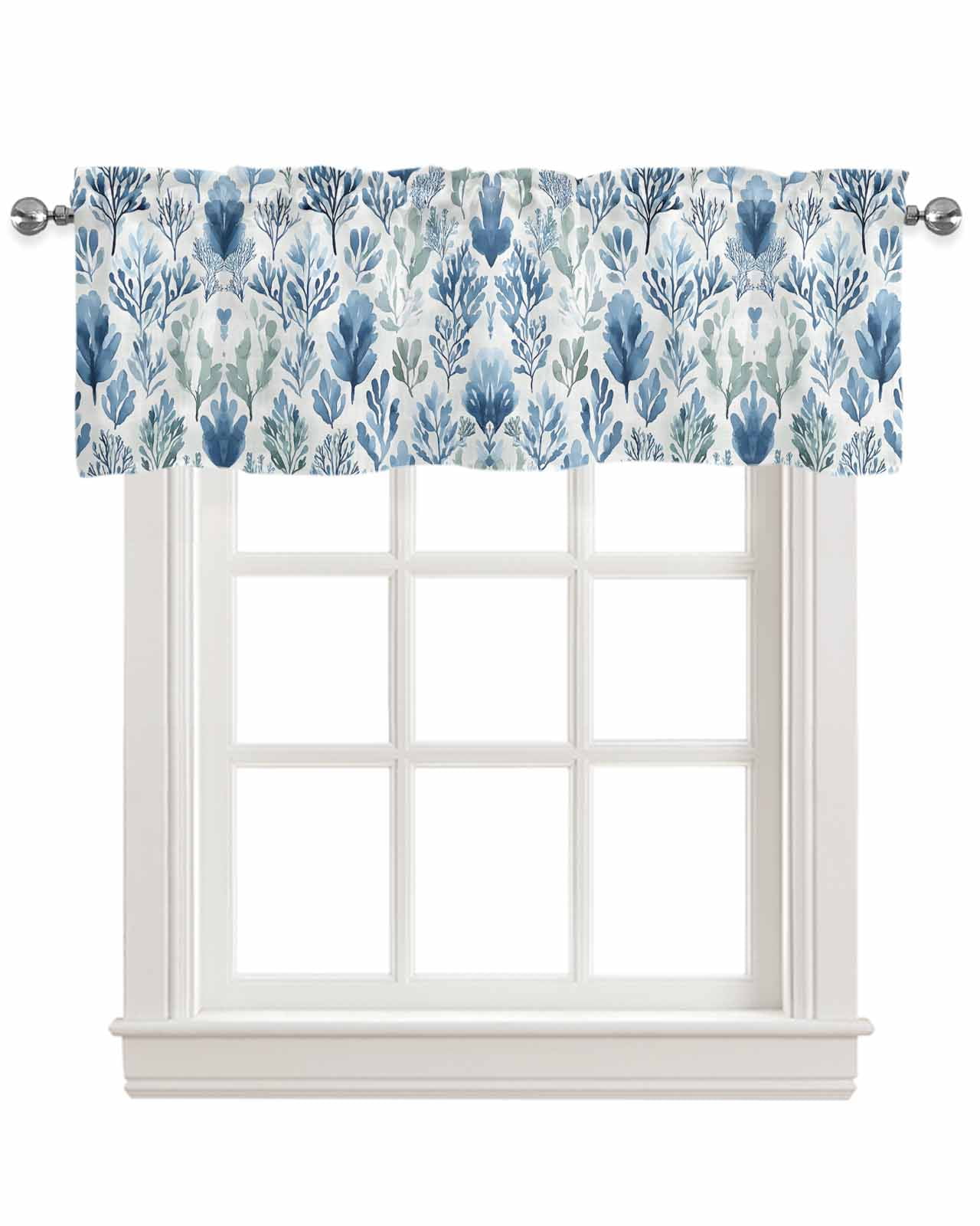Blue Green Botanical Art Kitchen Valances for Windows Farmhouse Linen ...