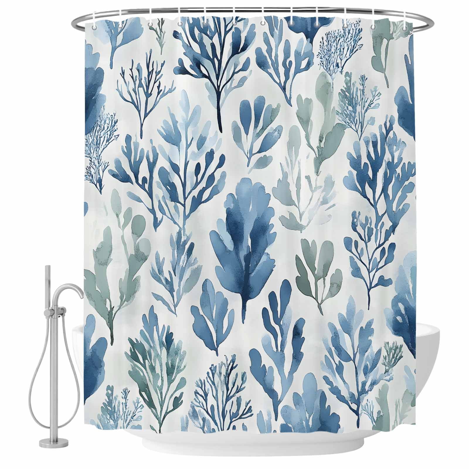 Blue Green Botanical Art Shower Curtain - Water Repellent Fabric Shower ...