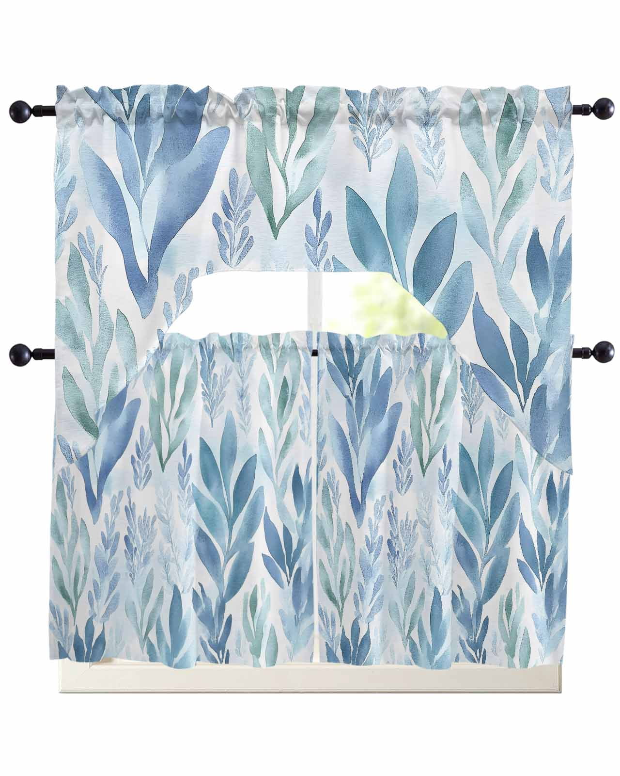 Blue Green Botanical Kitchen Curtain and Valance Set 3 Pieces, Rod ...