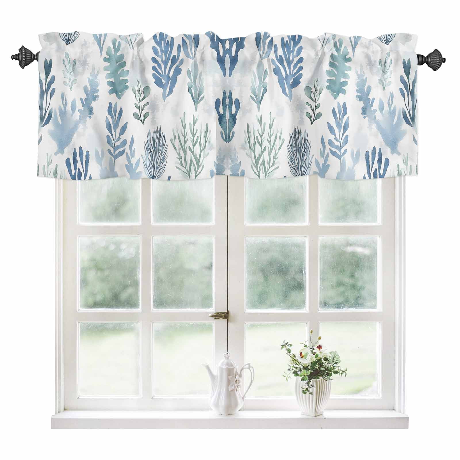 Blue Green Botanical Kitchen Valances for Windows 60x18 Inch Kitchen ...