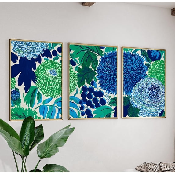 Blue Green Botanical Modern Floral Triptych Tropical Decor Art Set 3 ...