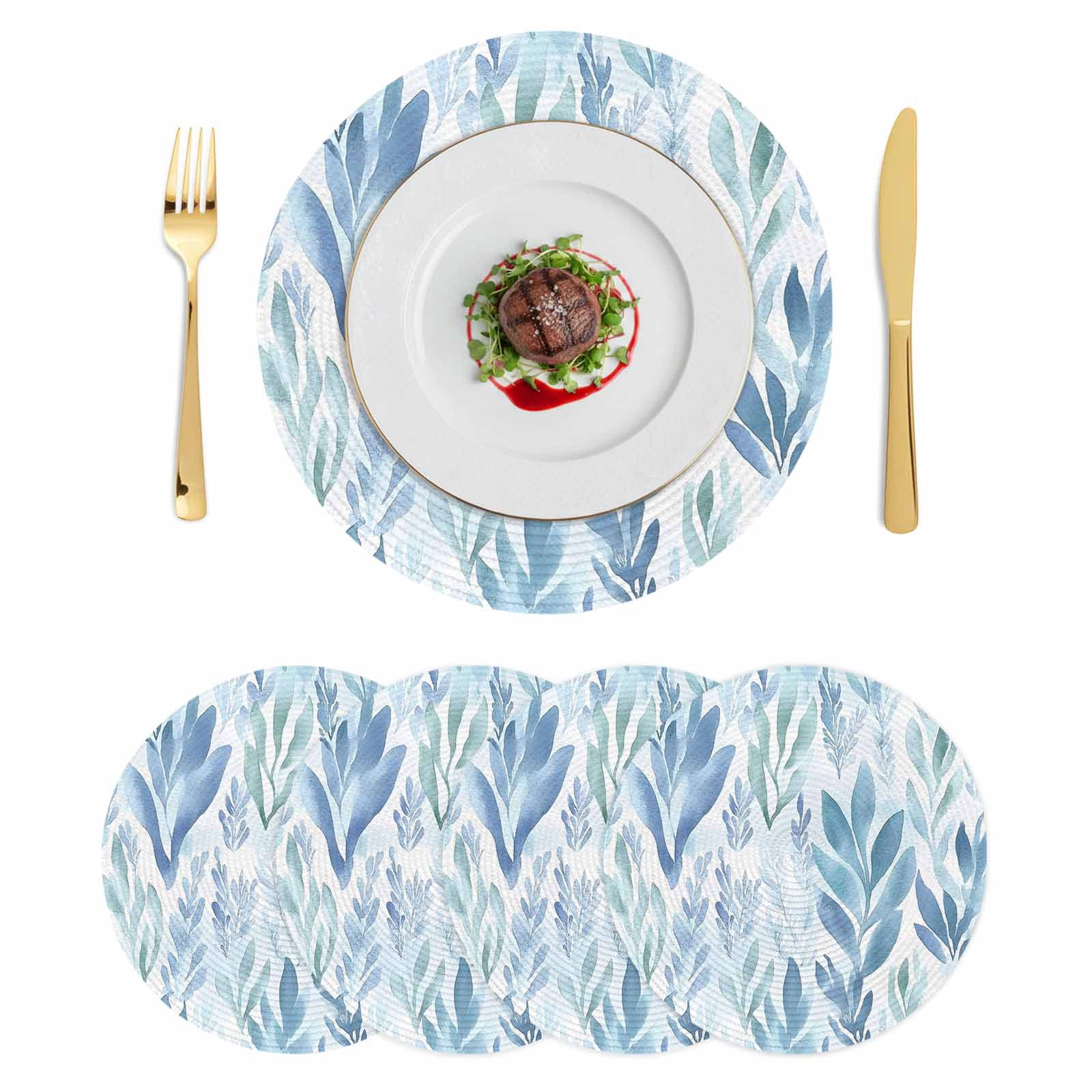 Blue Green Botanical Round Placemats Set of 4 Summer Watercolor Leaf ...