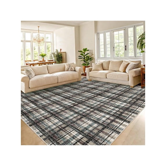 Blue Green Brown - 9*12 feet Modern Plaid Machine Washable Area Rug Non ...
