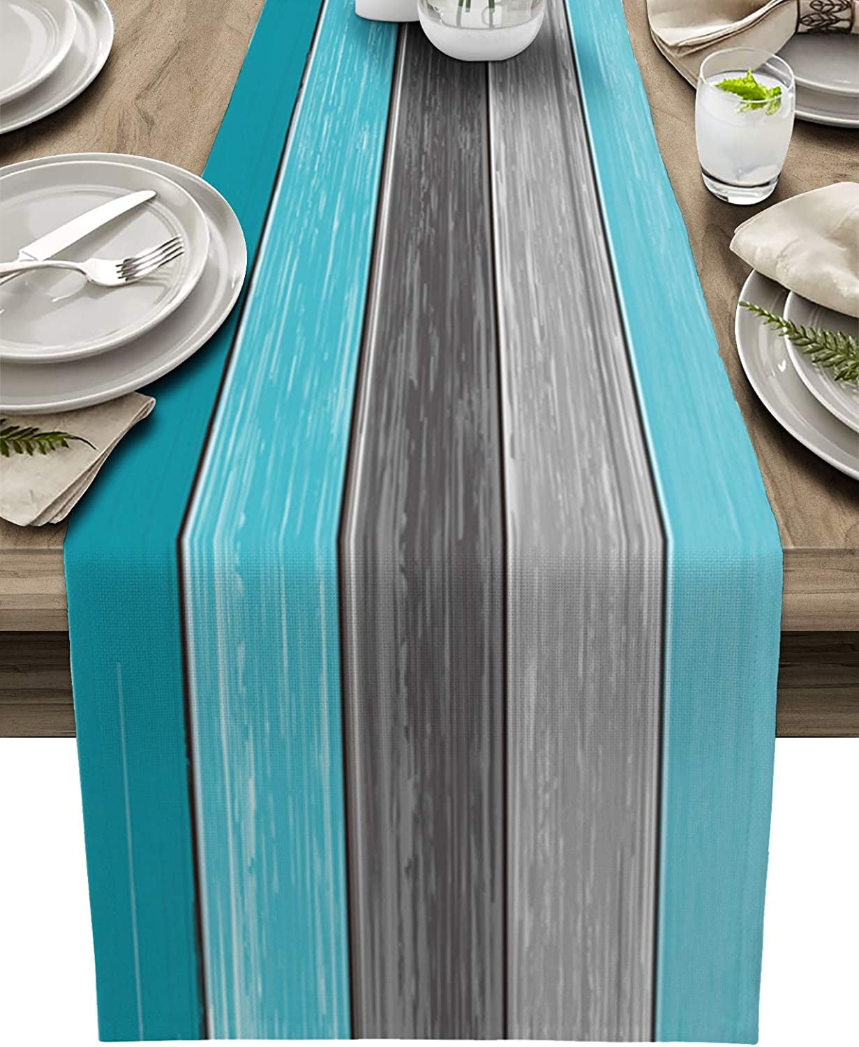 Blue Green Brown Wood Striped Linen Table Runner Tablecloths Holiday ...