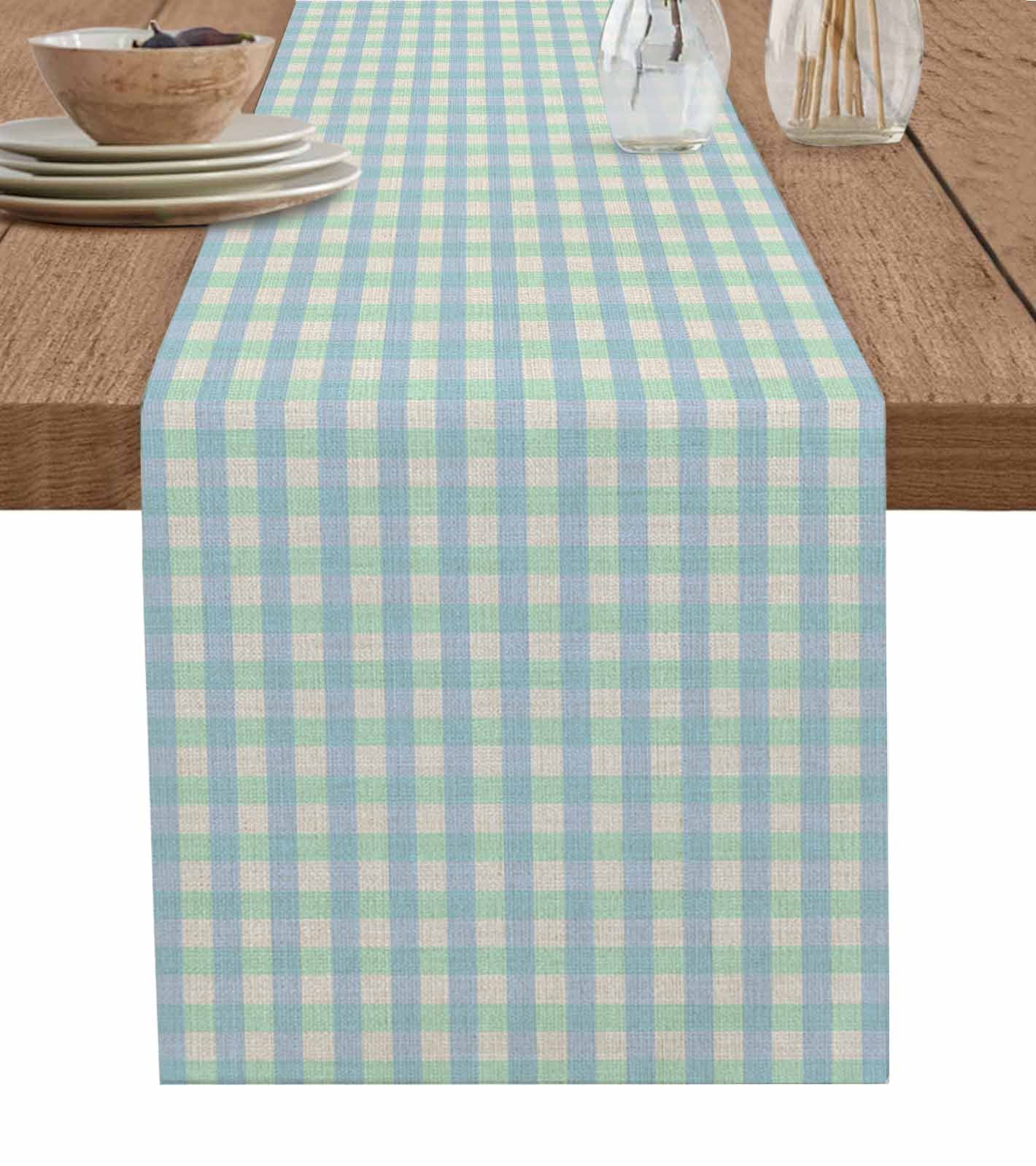 Blue Green Burlap Cotton Table Runner 13x120 Inches Long, Grid ...