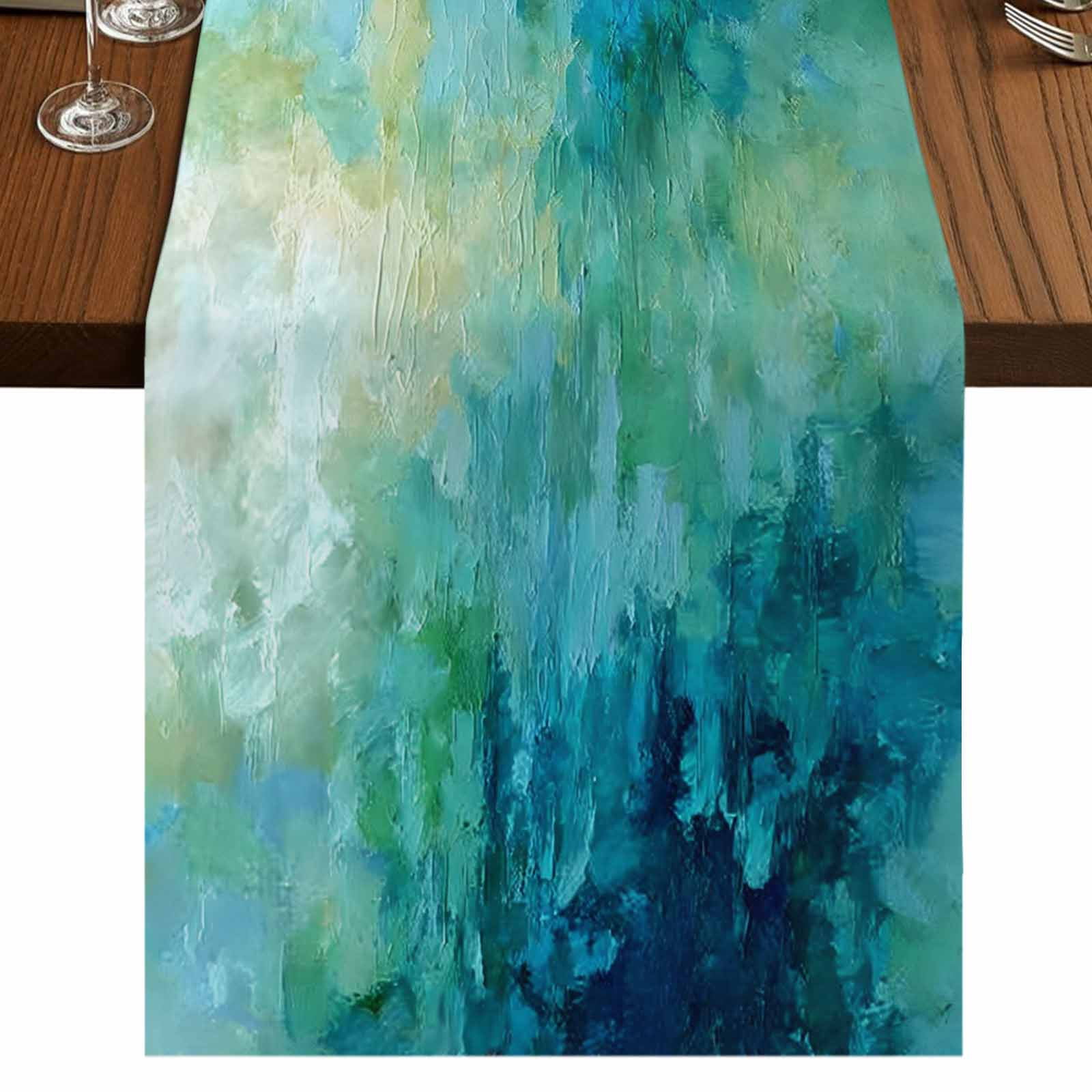Blue Green Burlap Cotton Table Runner 13x72 Inches Long, Modern Oil ...
