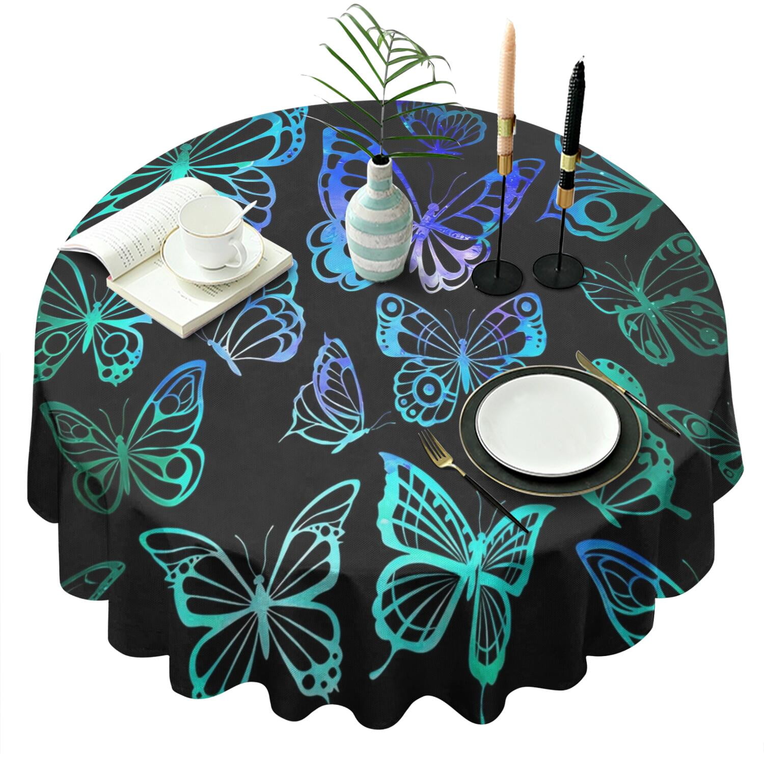 Blue Green Butterfly Pattern Round Tablecloth 60"x60",Wrinkle Wipeable ...