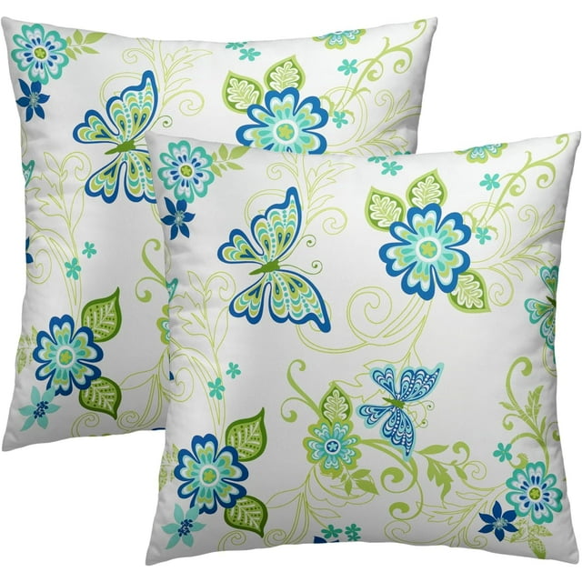 Blue Green Butterfly Pillow Cover 18x18 Inch Green Floral Decorative Pillow Cases Colorful ...