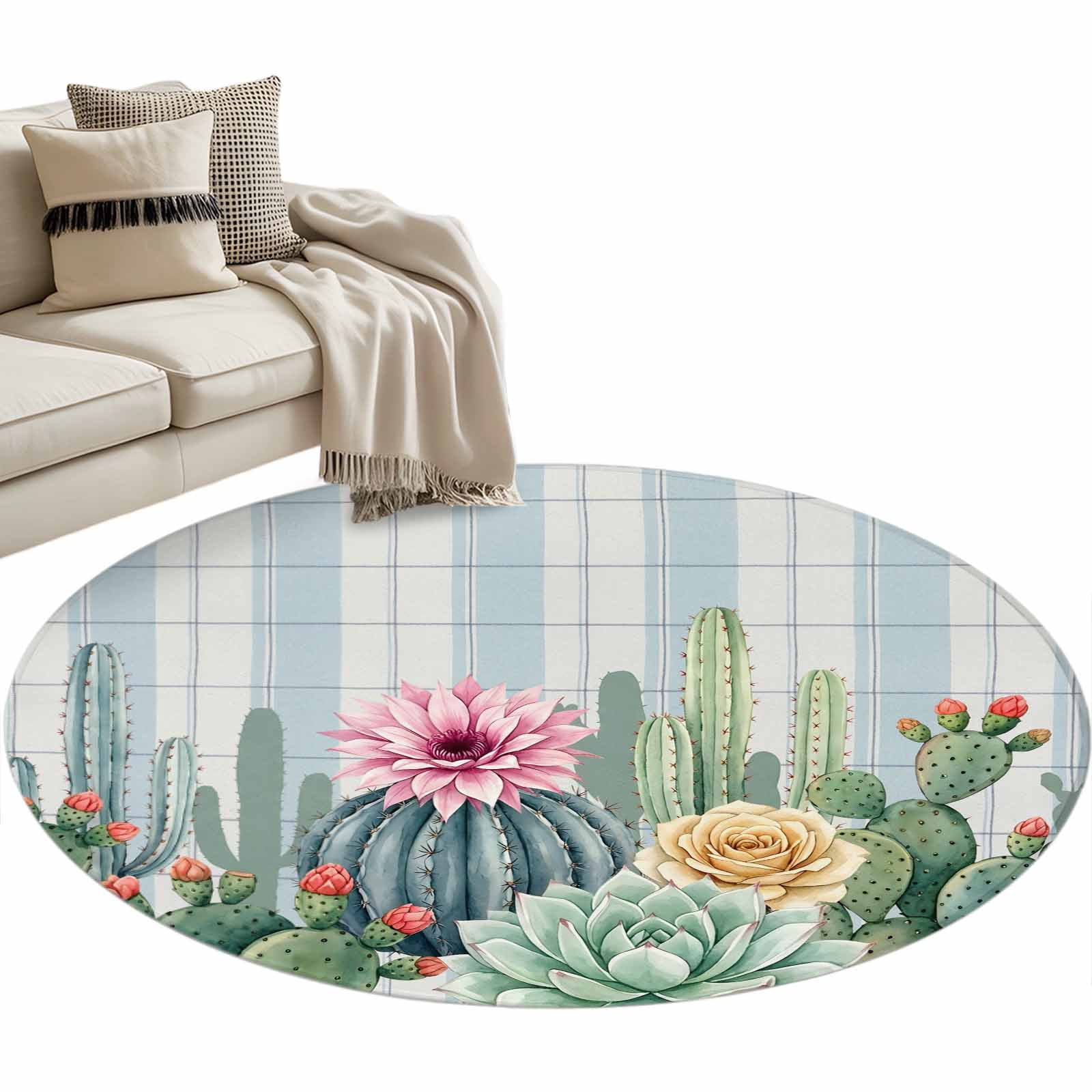 Blue Green Cactus Round Rug 4ft Washable Circle Entryway Rugs Non Slip ...