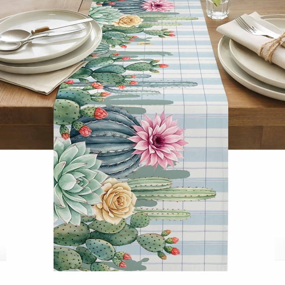 Blue Green Cactus Table Runner Tropical Summer Botanical Floral ...