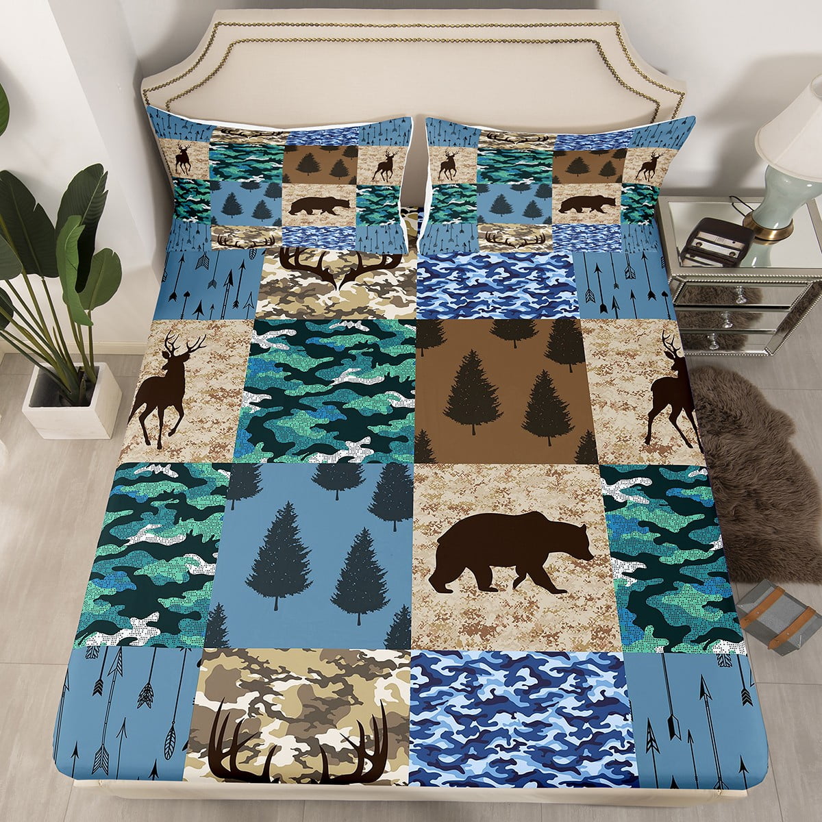 Blue Green Camouflage Bed Sheets Woodland Animal Bear Elk Deer Sheets ...