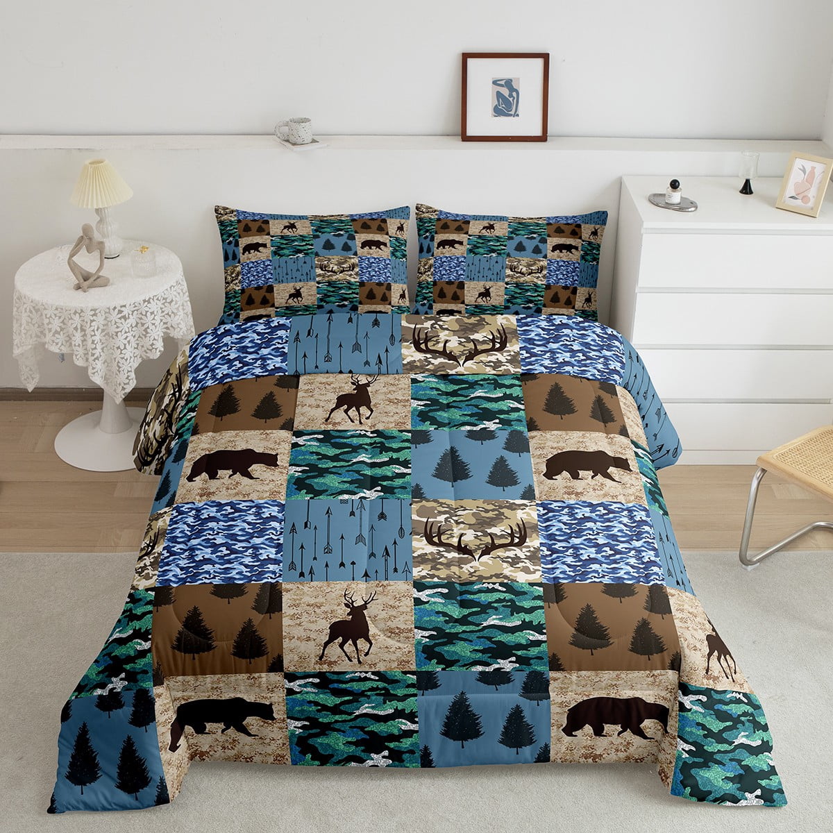 Blue Green Camouflage Bedding Set Woodland Animal Bear Elk Deer Quilt ...