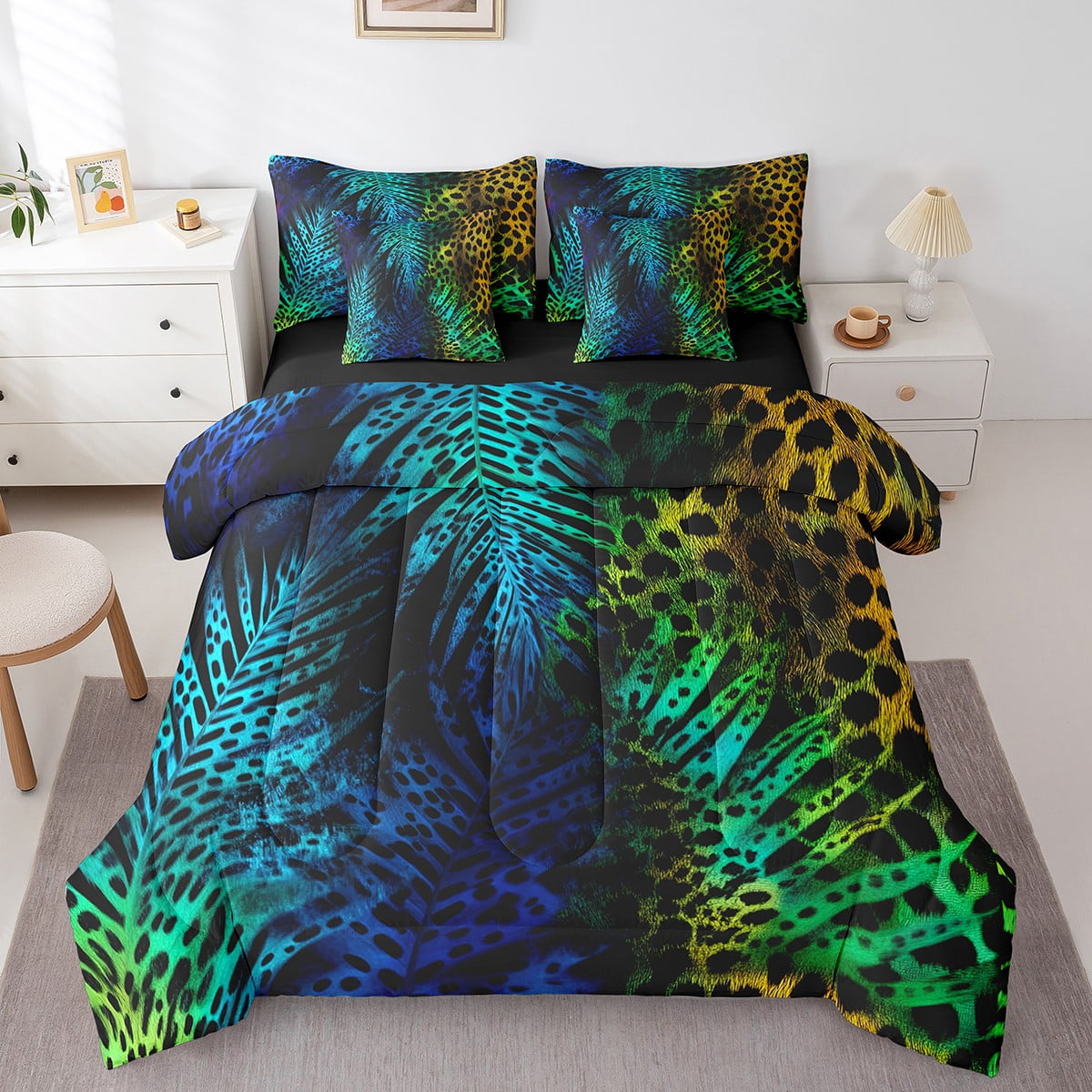 Blue Green Cheetah Print Bed in a Bag King Size Comforter Set 7 Pieces ...