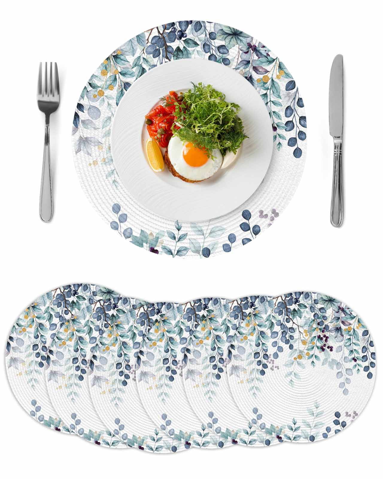 Blue Green Christmas Eucalyptus Leaf Round Table Placemats set of 6 ...