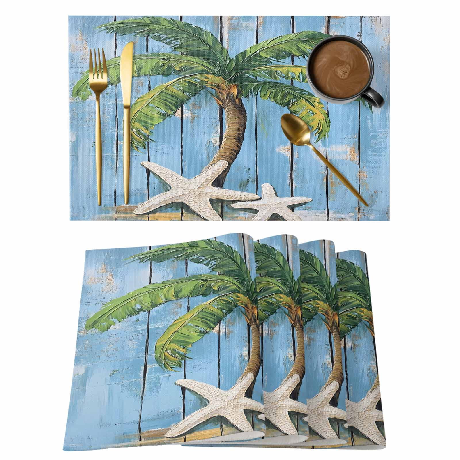 Blue Green Coastal Beach Placemats Set of 8 Ocean Tropical Starfish ...