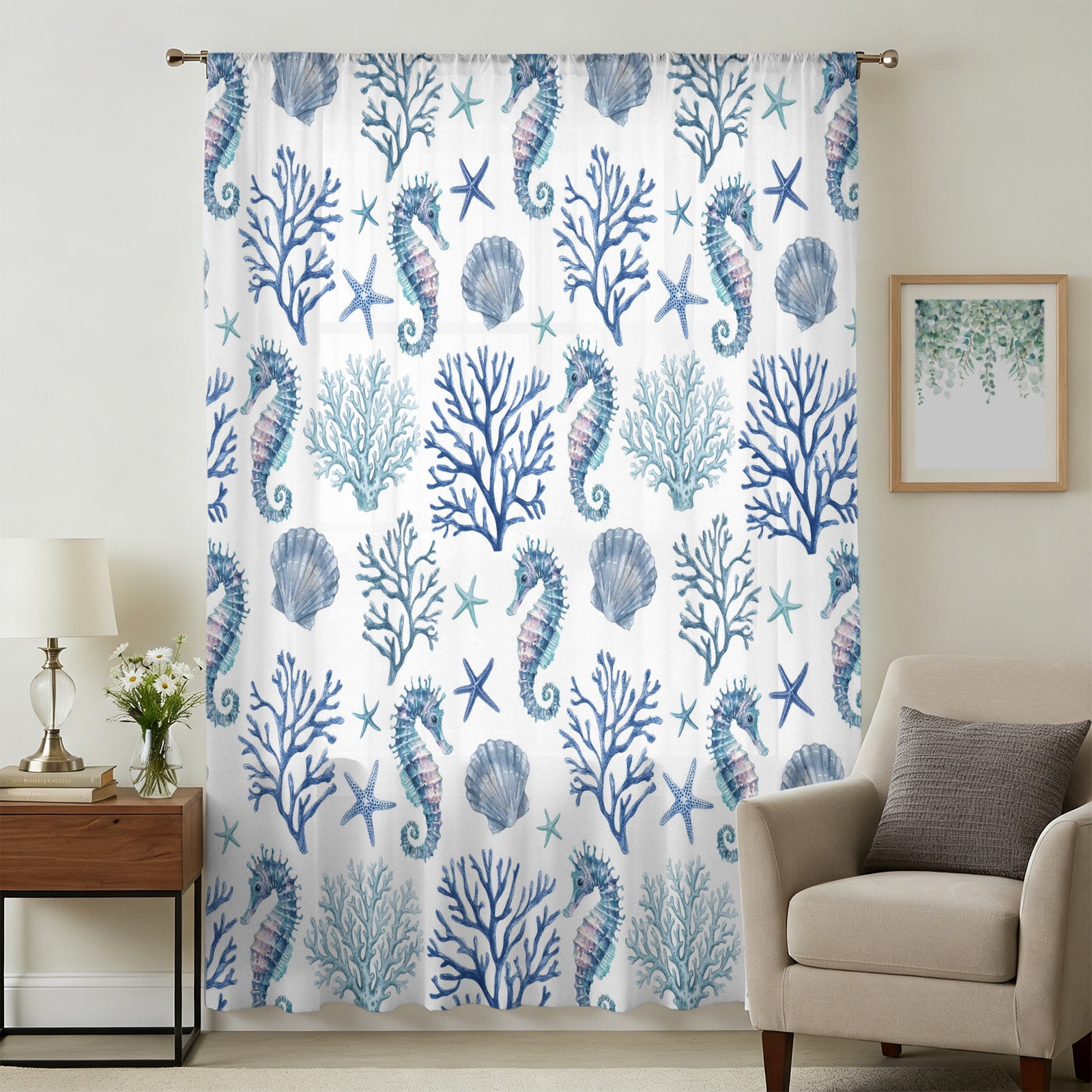 Blue Green Coastal Sheer Curtains 96 Inches Long for Living Room ...