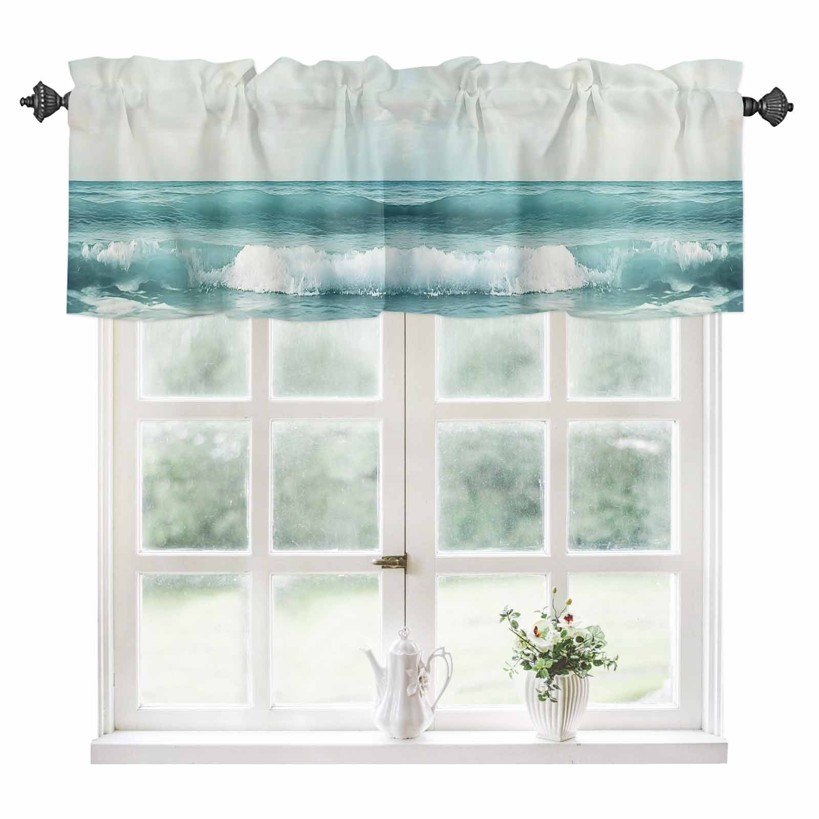Blue Green Coastal Waves Kitchen Valances for Windows 42x12 Inch ...