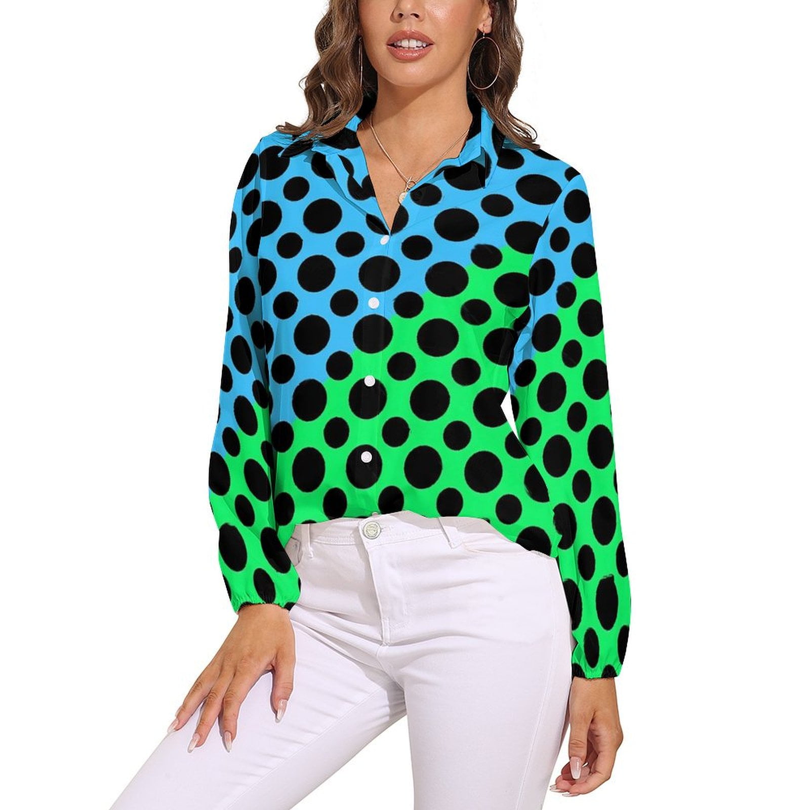 Blue Green Color Block Loose Blouse Black Dot Casual Oversize Blouses ...