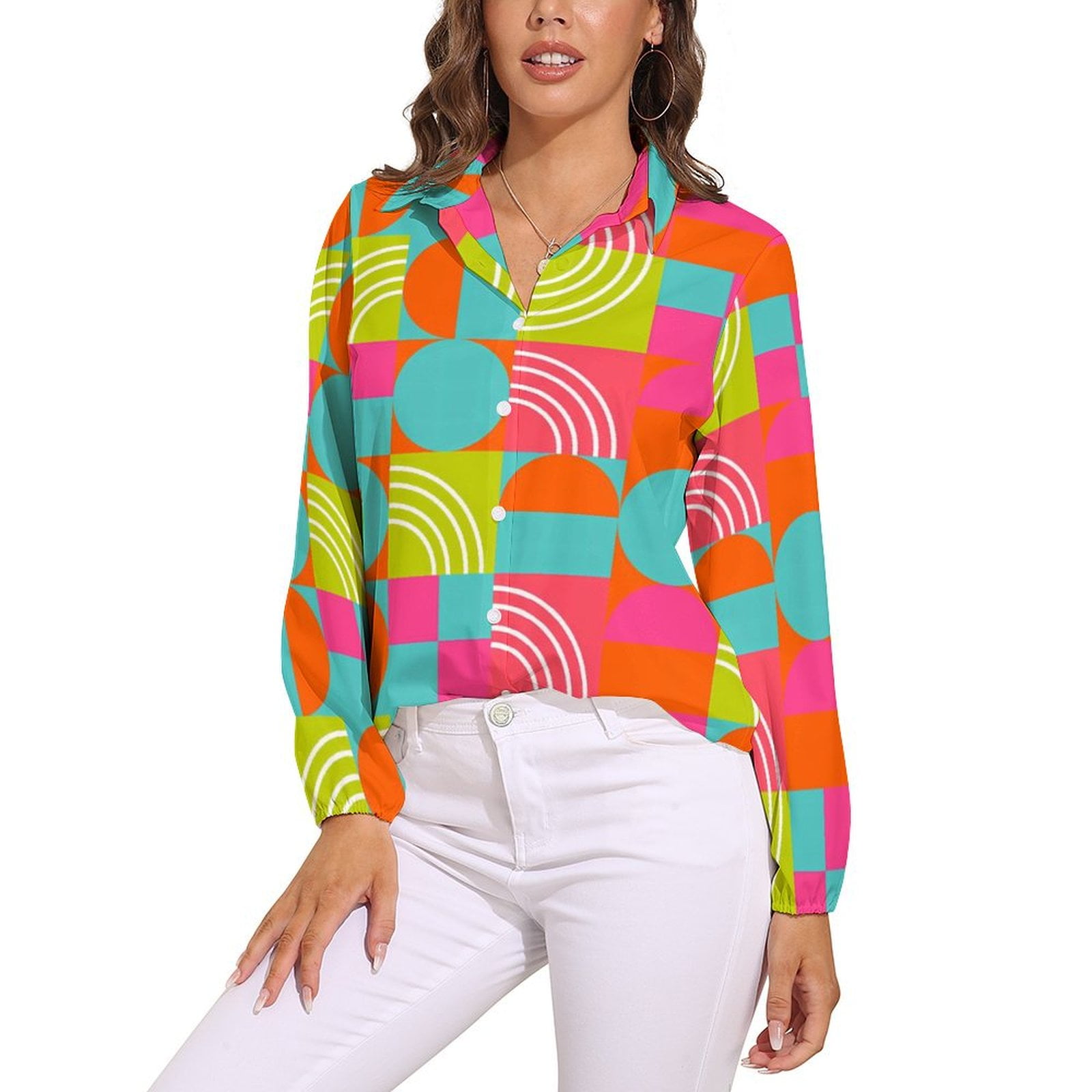 Blue Green Color Block Loose Blouse Black Dot Casual Oversize Blouses ...