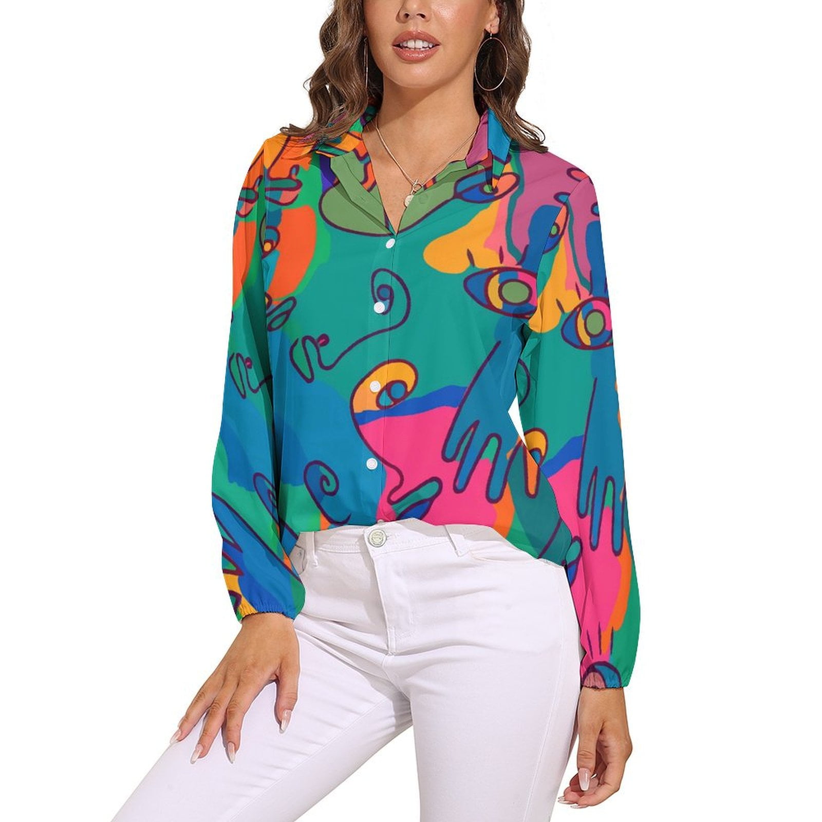 Blue Green Color Block Loose Blouse Black Dot Casual Oversize Blouses ...