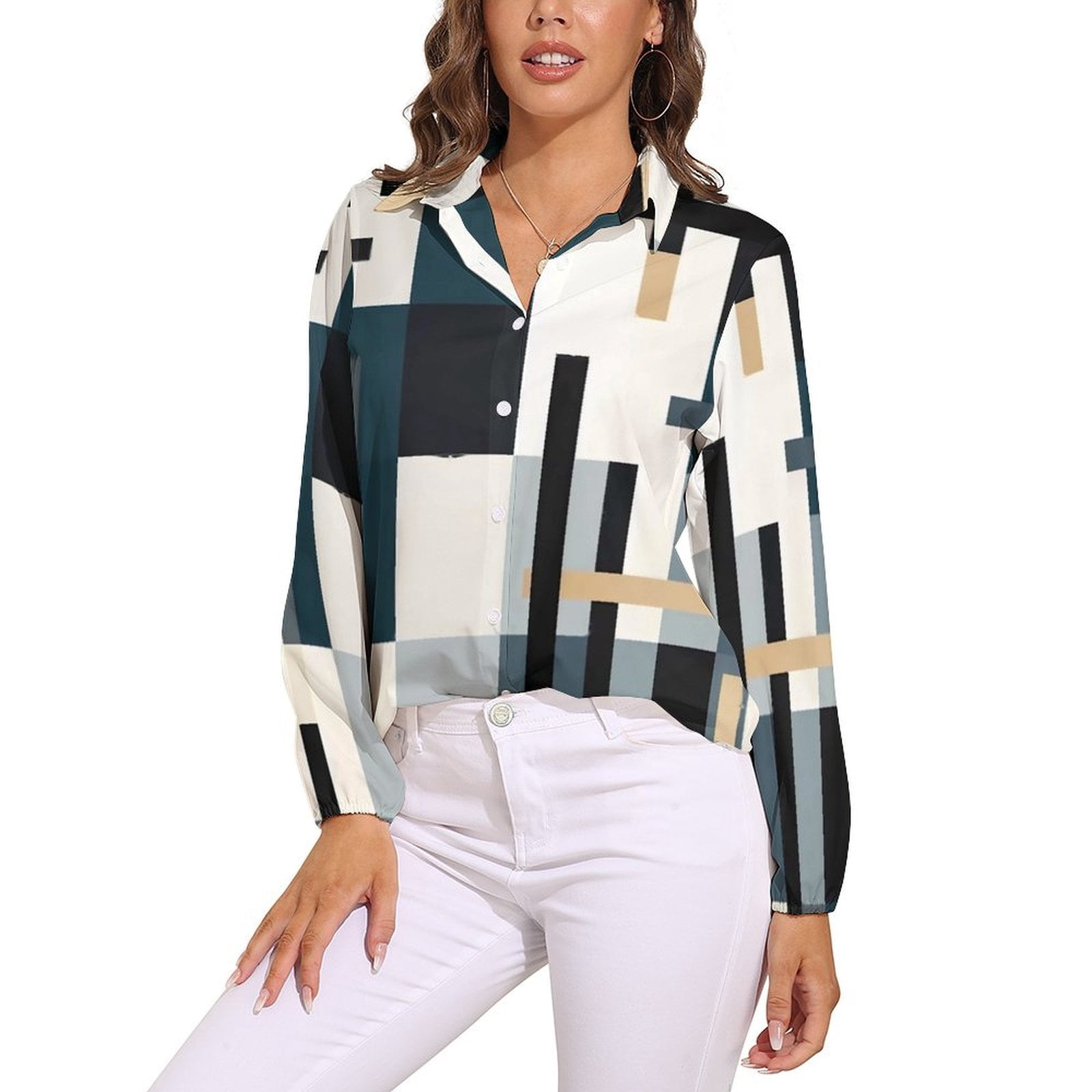 Blue Green Color Block Loose Blouse Black Dot Casual Oversize Blouses ...