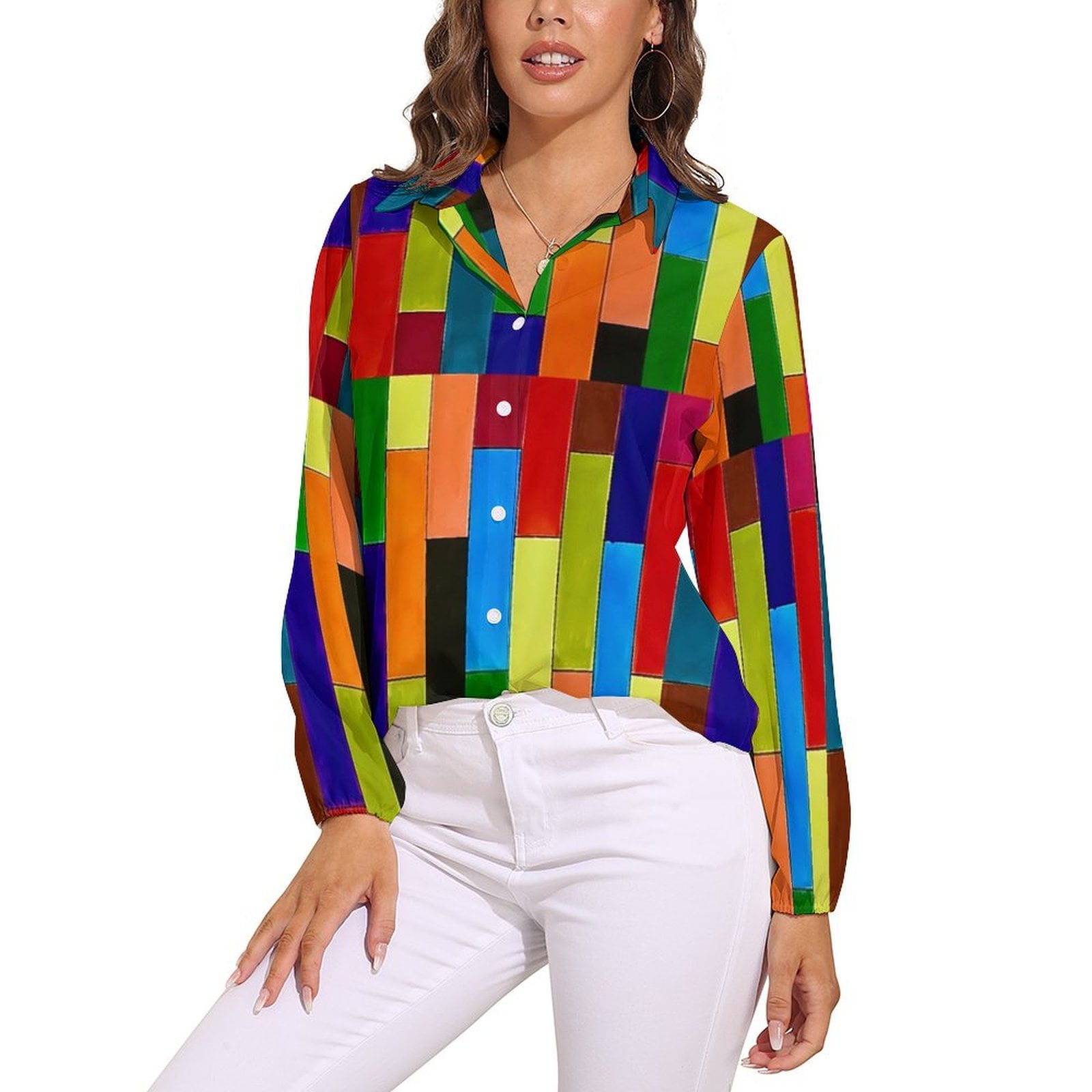 Blue Green Color Block Loose Blouse Black Dot Casual Oversize Blouses ...