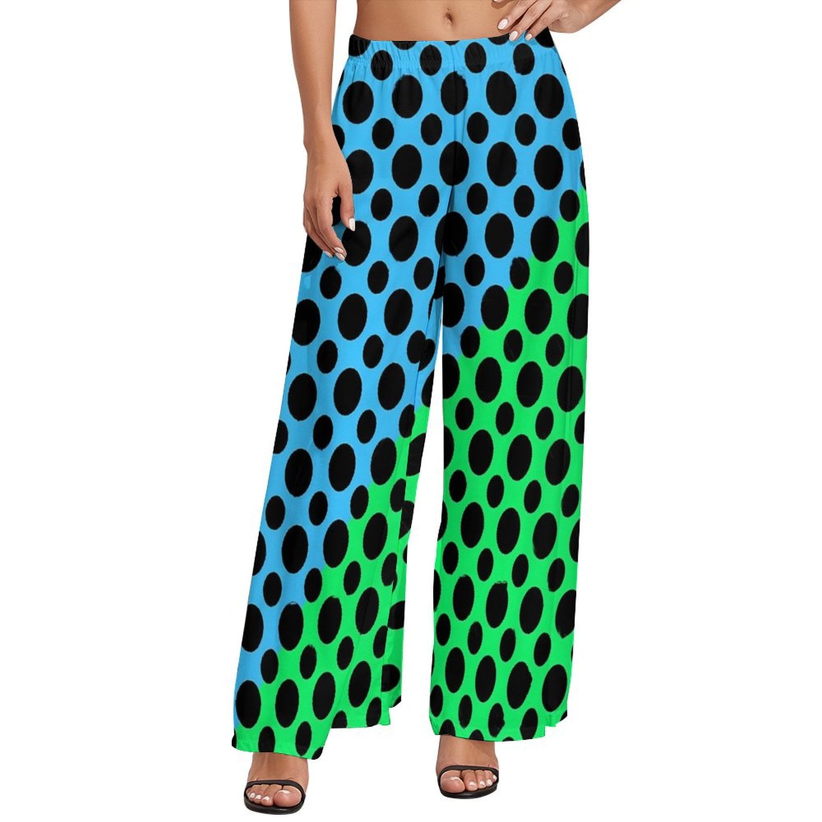 Blue Green Color Block Pants Female Black Dot Harajuku Trousers Elastic ...