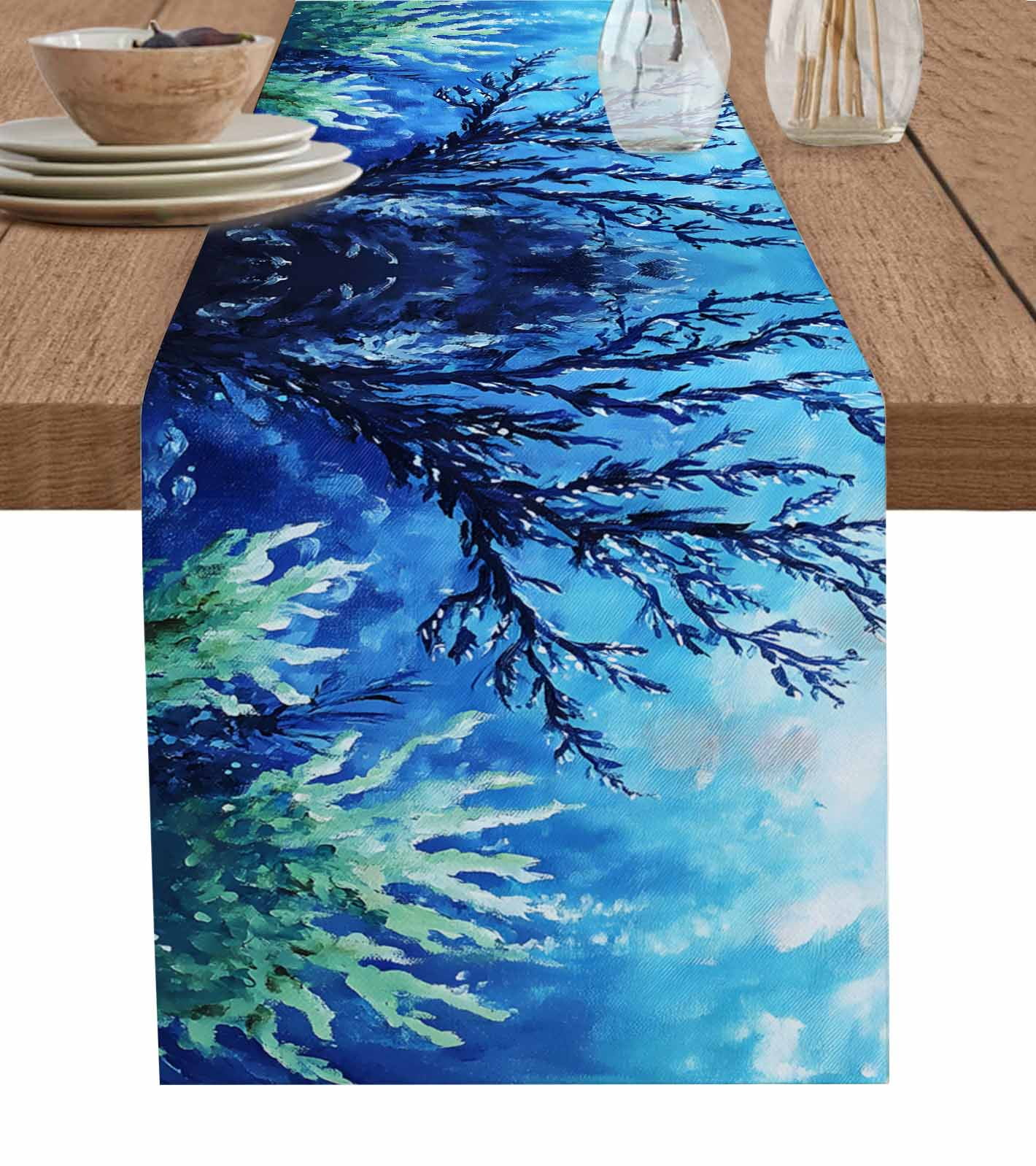Blue Green Coral Table Runner Cotton Linen 60 Inch Holiday Dresser ...