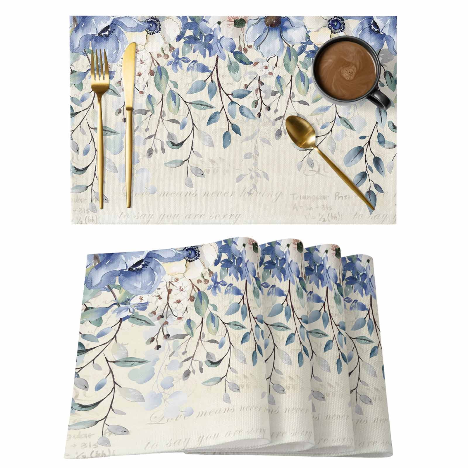Blue Green Cotton Linen Placemats Set of 8, Flowers Eucalyptus Leaves ...