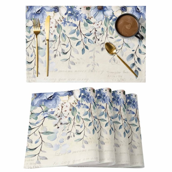 Blue Green Cotton Linen Placemats Set of 8, Flowers Eucalyptus Leaves ...