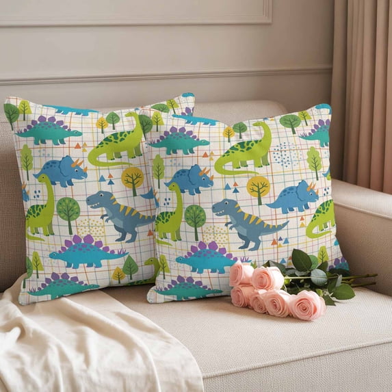 Blue Green Dinosaurs Cute Geometric Waterproof Throw Pillow Covers Set ...