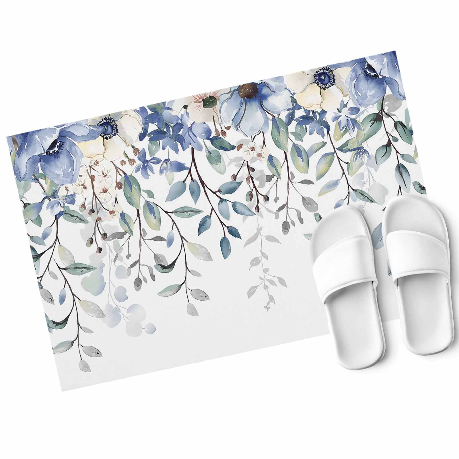 Blue Green Door Mat Flowers Eucalyptus Leaves Farmhouse Botanical Non ...