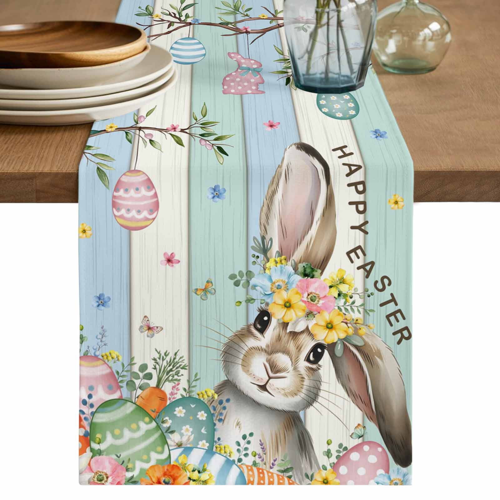 Blue Green Easter Bunny Table Runner 72 Inches, Spring Easter Eggs ...