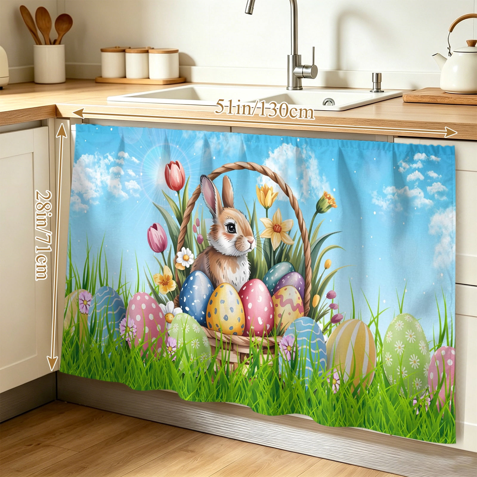 Blue Green Easter Cabinet Curtain 28"W x 51"L, Spring Colorful Eggs ...