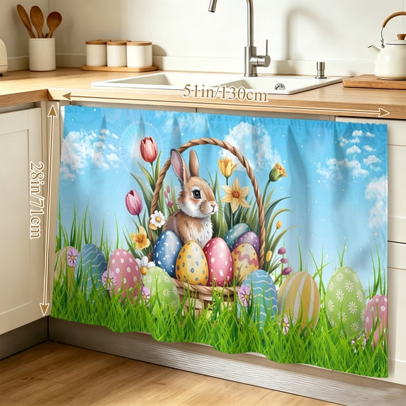 Blue Green Easter Cabinet Curtain 28"W x 51"L, Spring Colorful Eggs ...