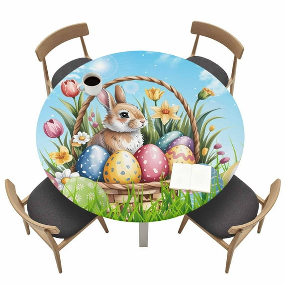 Blue Green Easter Fitted Tablecloth with Elastic Edged, Round Table ...