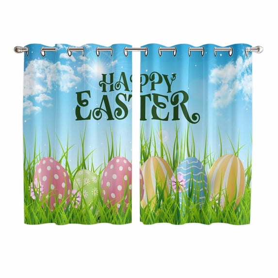 Blue Green Easter Kitchen Curtains Window Panels, Spring Colorful Eggs ...